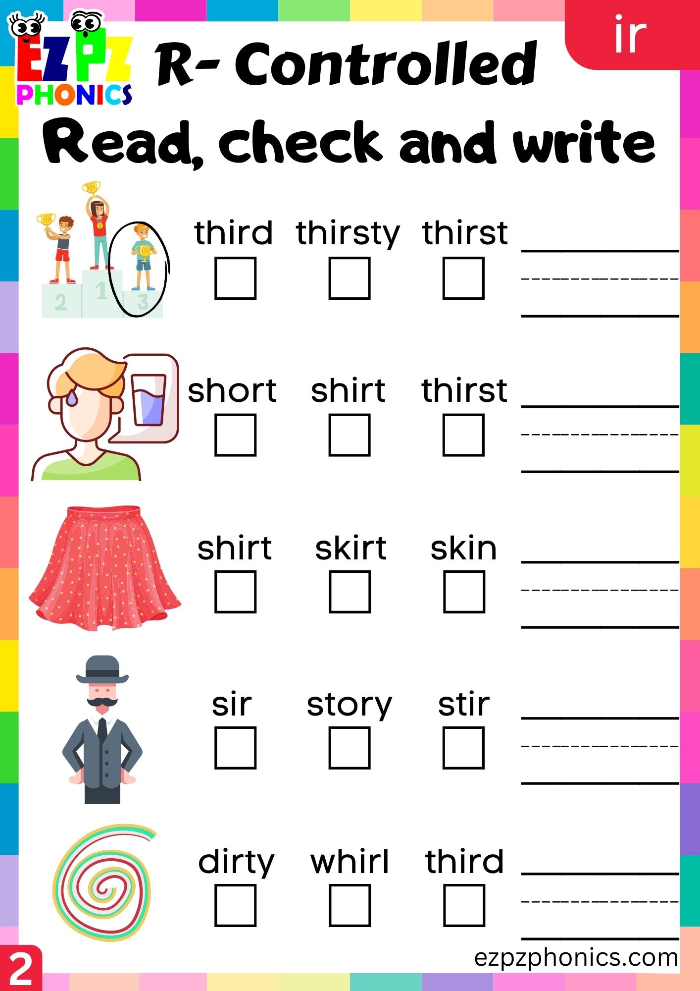 Read check and write activity for ir words R Controlled Vowels Phonics group 2 - ezpzphonics.com